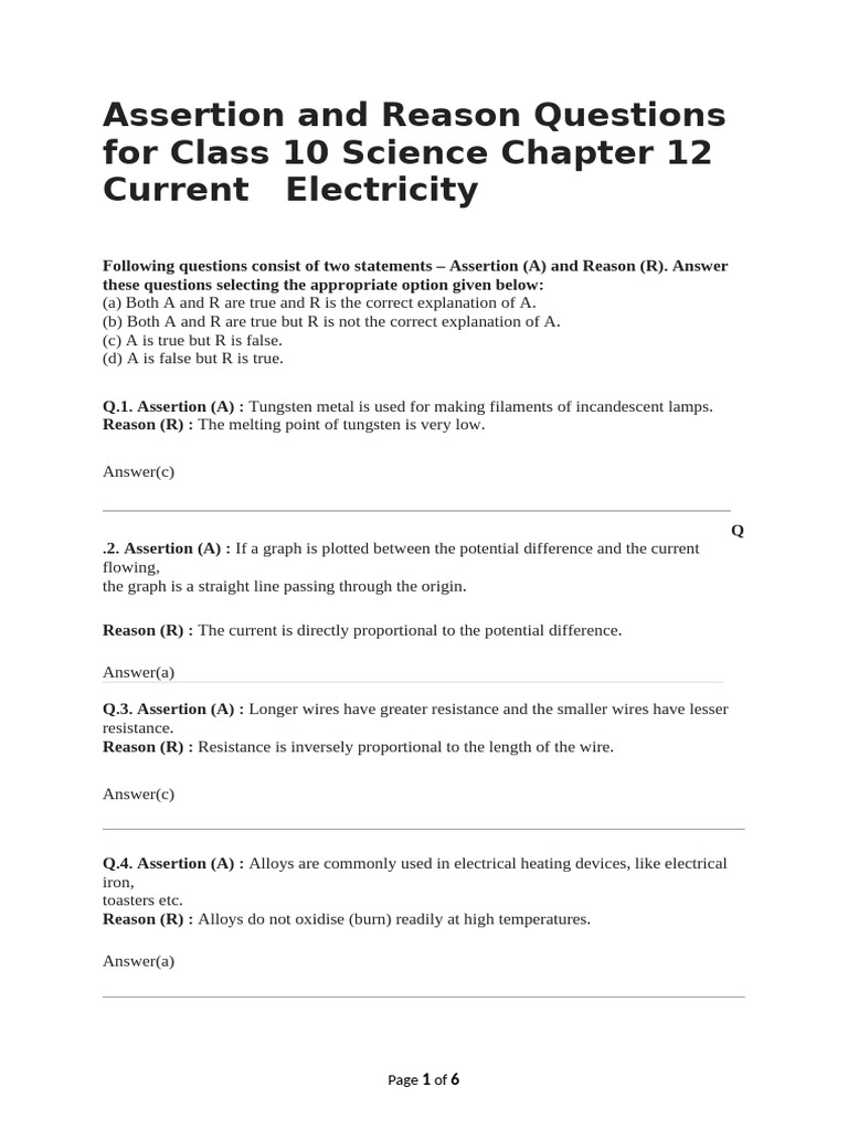 Assertion and Reason Q&A: Class 10 Science | PDF | Incandescent Light ...