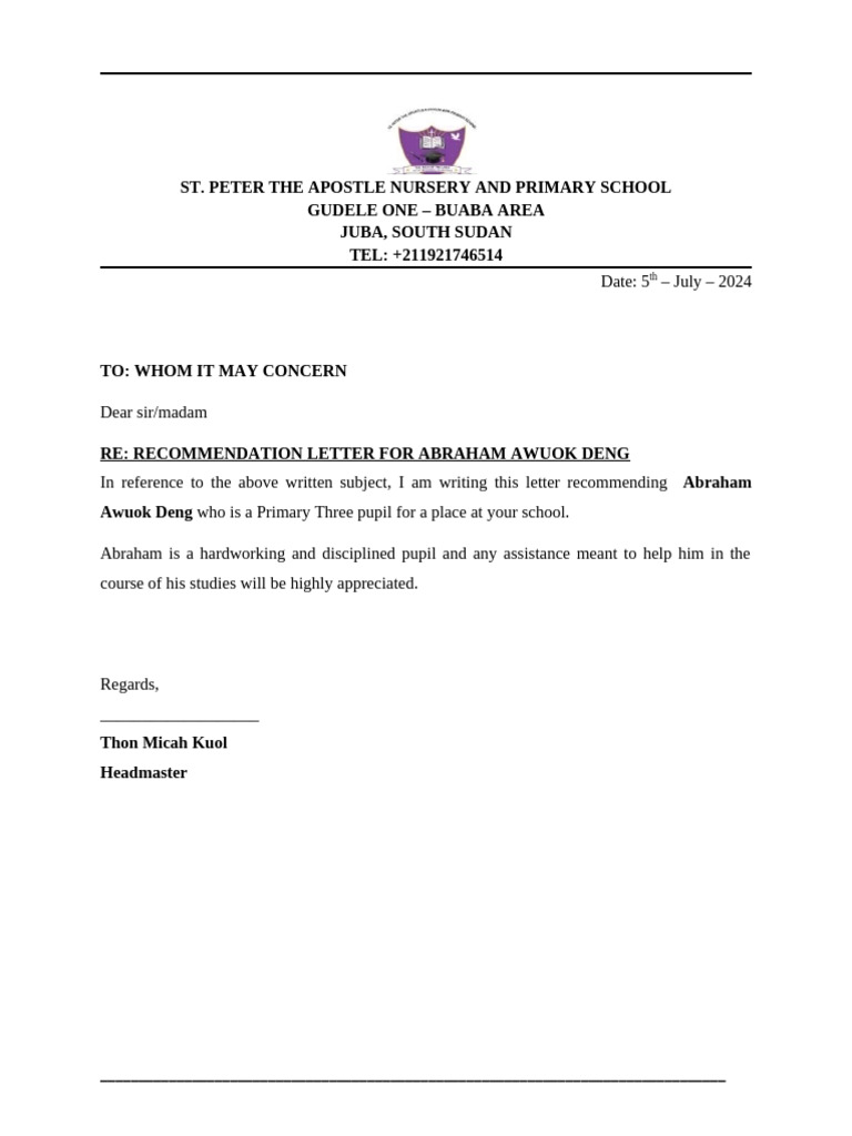 Recommendation for Abraham Awuok Deng | PDF