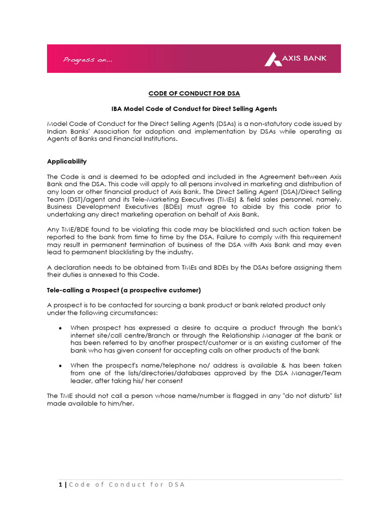 Axis Bankcode of Conduct For Dsa | PDF
