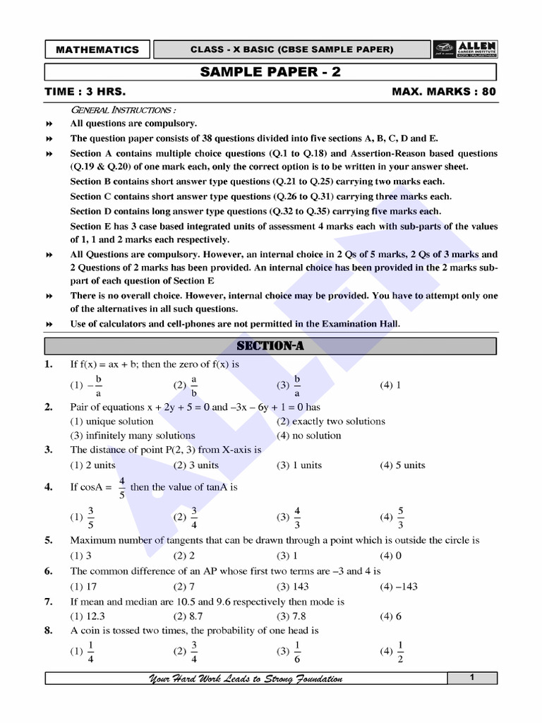 Sample Paper 2 Maths | PDF