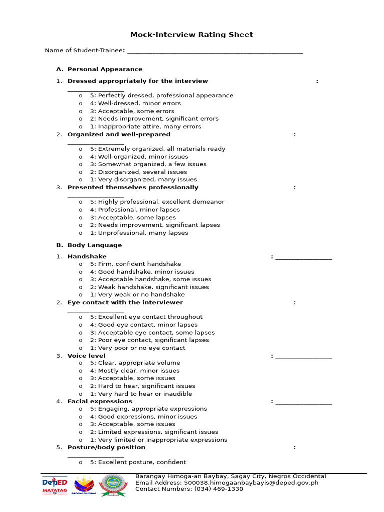 Mock Interview Rating Sheet With Rubrics and Rating Scale | PDF ...
