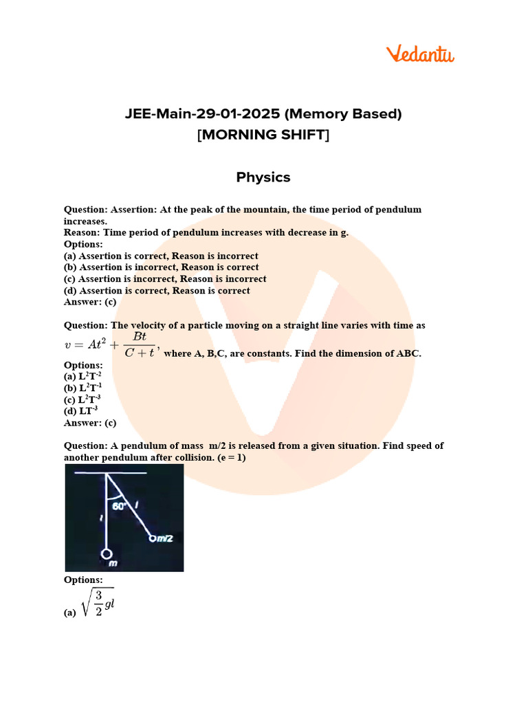 JEE Mains 29 Jan Shift 1 2025 Question Paper With Answer Key - Physics | PDF | Photoelectric ...