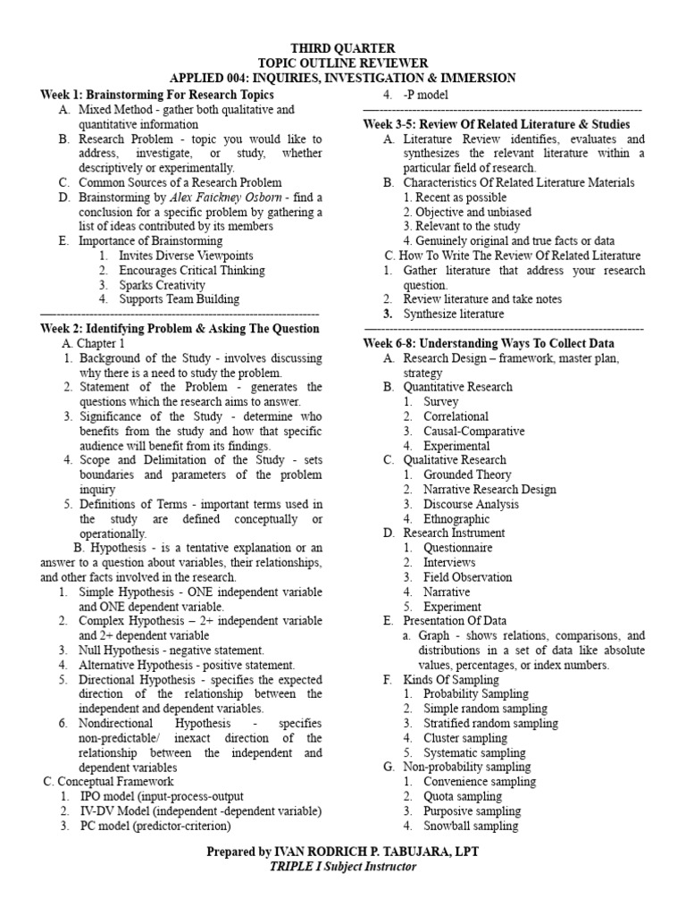 3rdQ TRIPLE I Topic Outline Reviewer | PDF | Sampling (Statistics ...