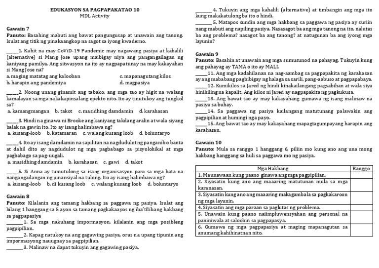 MDL Activities EsP 10 | PDF