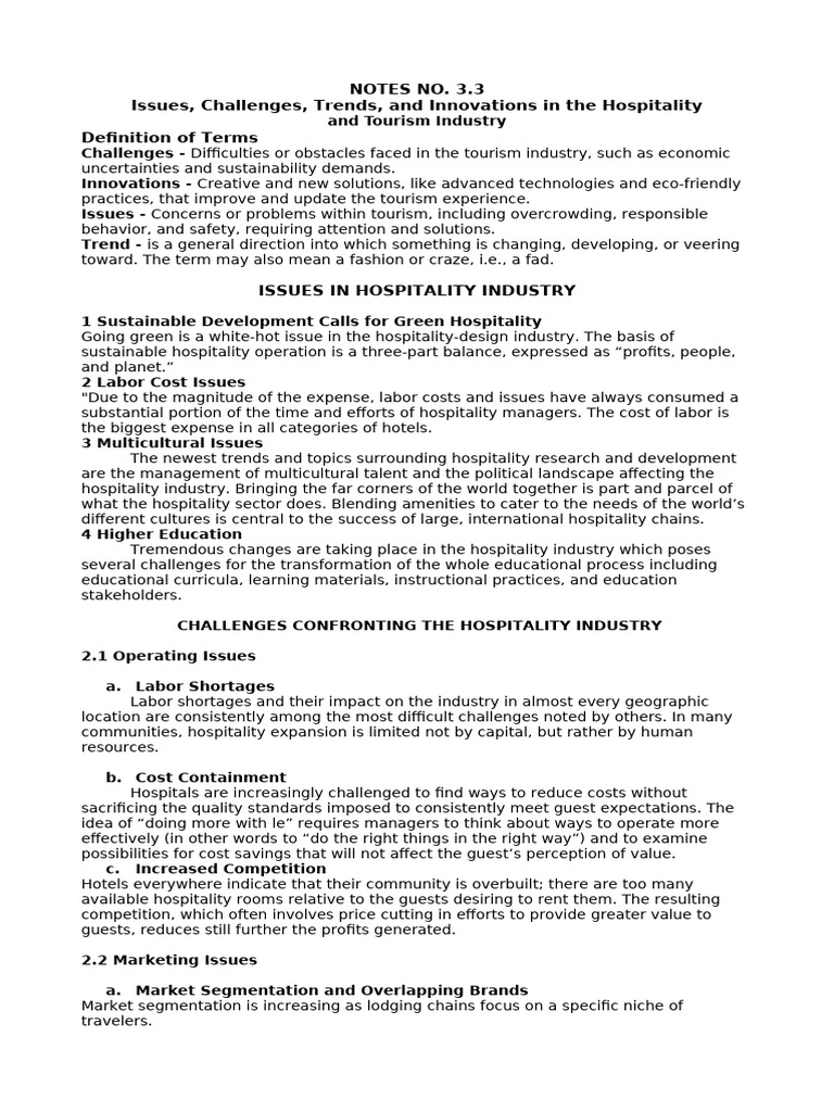 NOTES NO. 3.3 - Trends and Issues in Hospitality and Tourism Industry ...