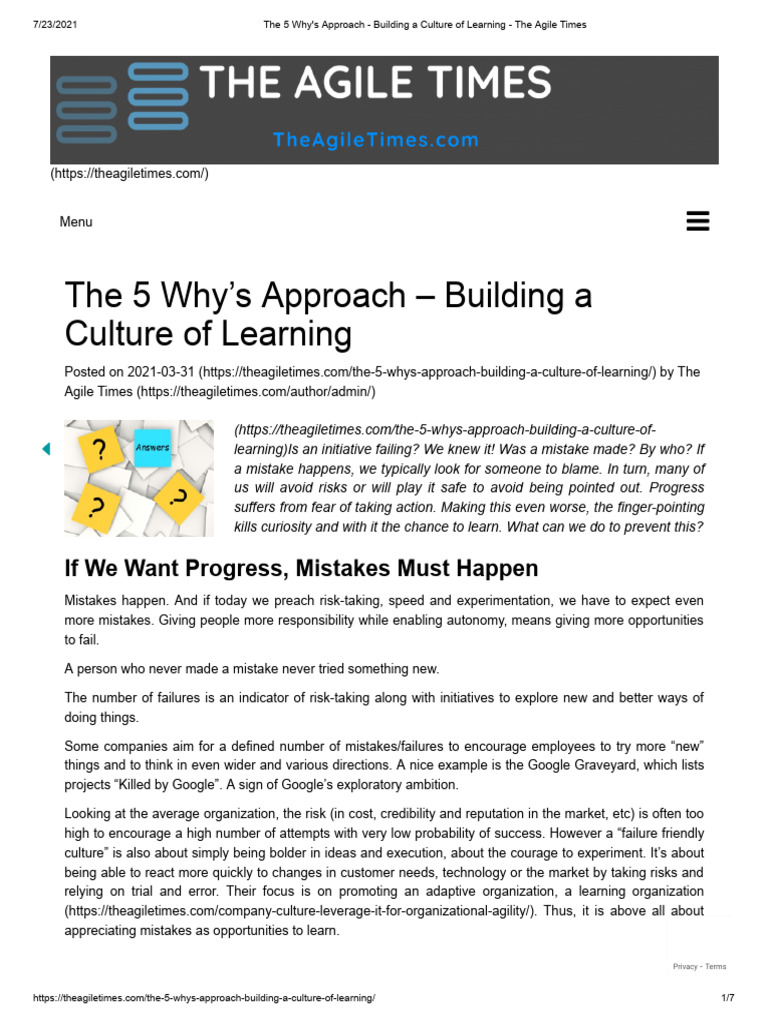 The 5 Why's Approach - Building A Culture of Learning - The Agile Times ...