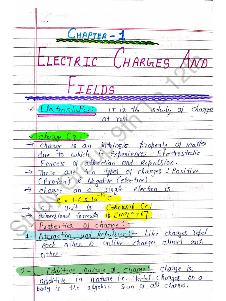 Chapter 1 ELECTRIC CHARGES and FIELDS Class 12th Physics Handwritten ...