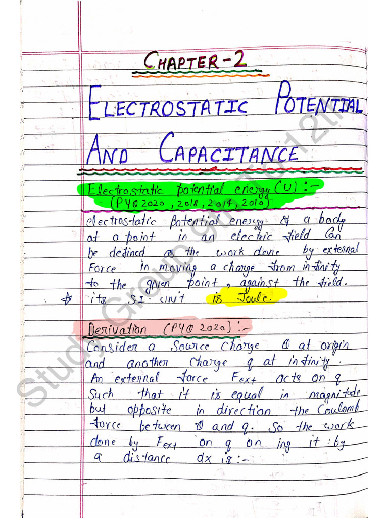 609486587 Chapter 2 Electrostatic Potential and Capacitance Physics Class 12th Handwritten PDF ...