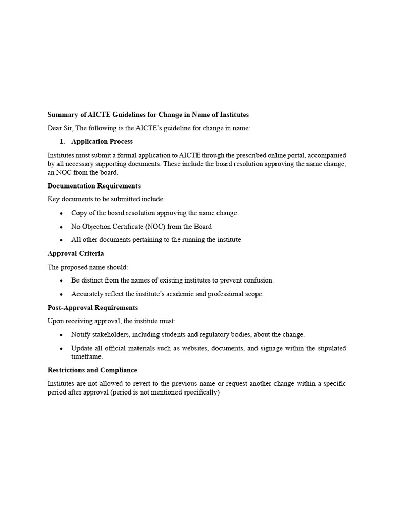 AICTE's Guidelines For Change in Name - PDF BG | PDF
