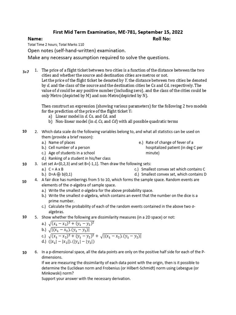 Midterm Exam: ME-781 Math Problems | PDF | Variance | Expected Value
