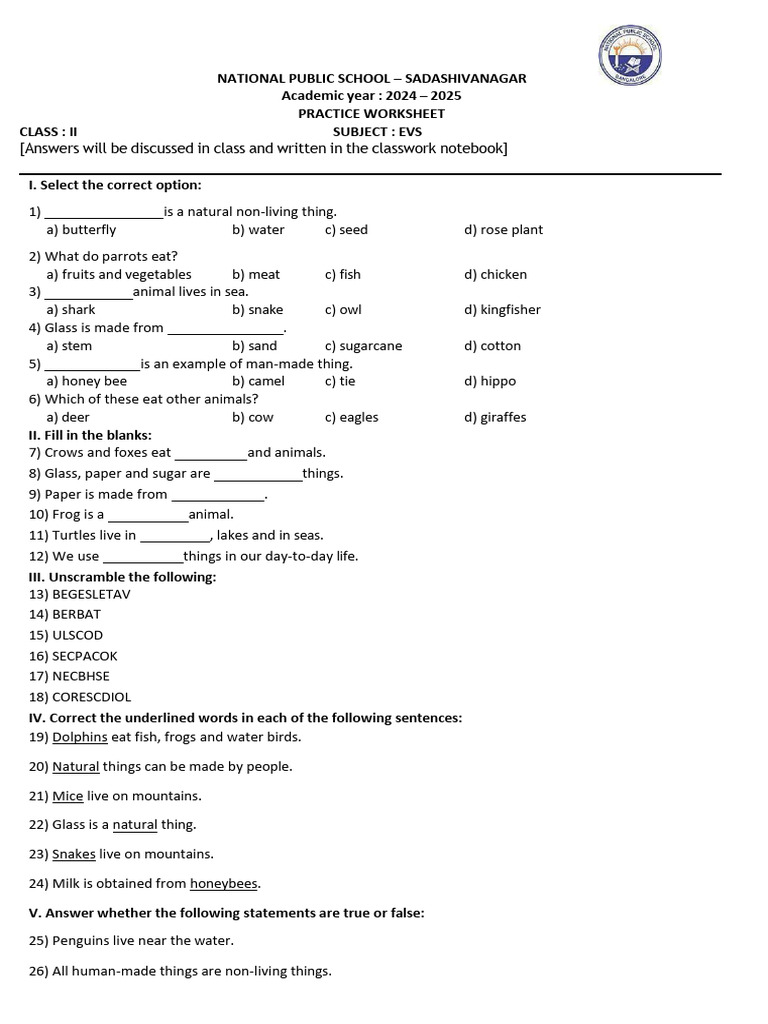 Grade 2 Evs MR 5 - Practice Worksheet | PDF | Zoology