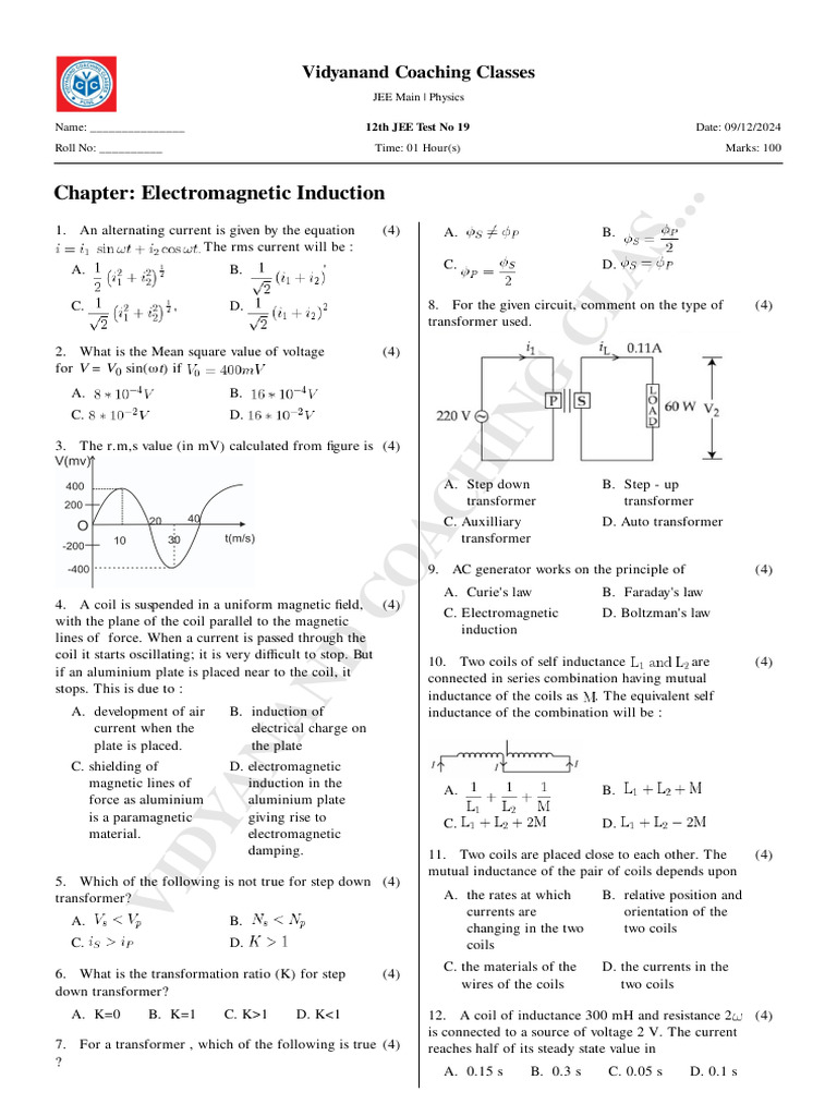 JEE Main Physics Test: Electromagnetic Induction | PDF | Inductance ...