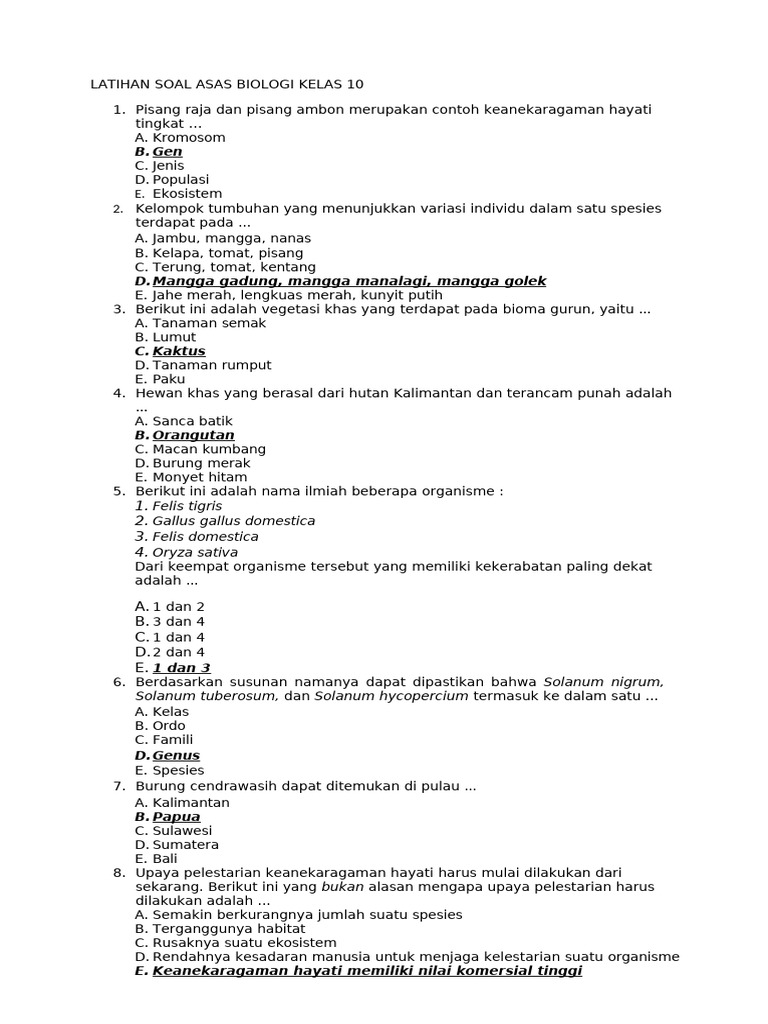 Latihan Soal Asas Biologi Kelas 10 | PDF