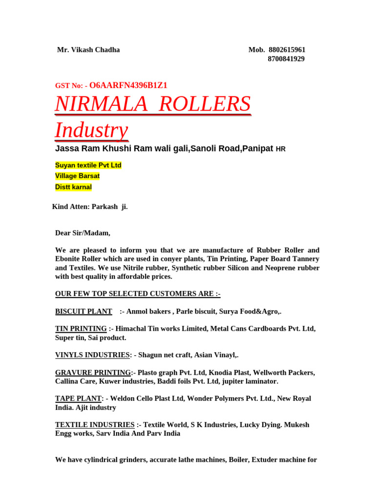 Suyan Textile Rubber Roller Quotation | PDF | Polymers | Chemical Compounds