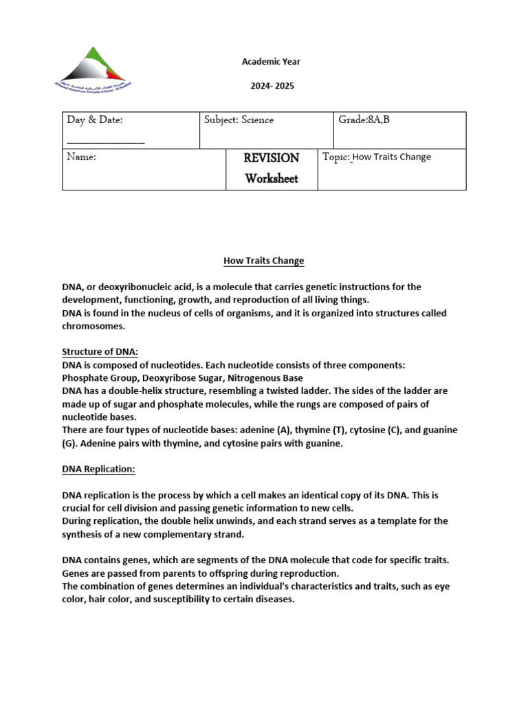 Grade 8 - Revision Sheet - 2-Final Exam | PDF | Dna | Rna