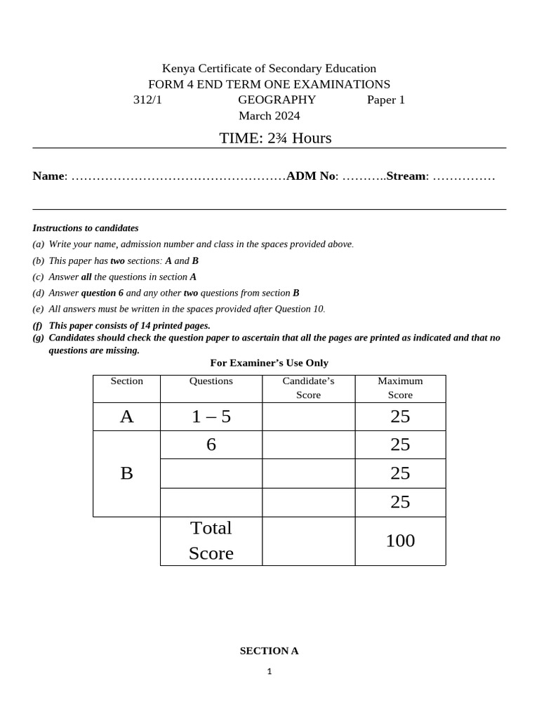 Form 4 Geography - Paper 1 - Question Paper | PDF | Rock (Geology ...