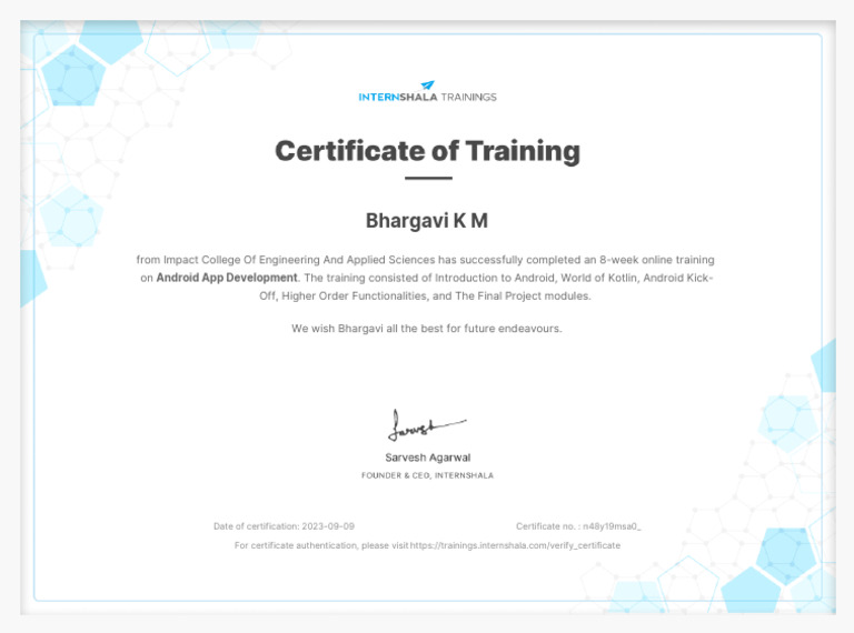 Android App Development Training - Certificate of Completion (2) | PDF
