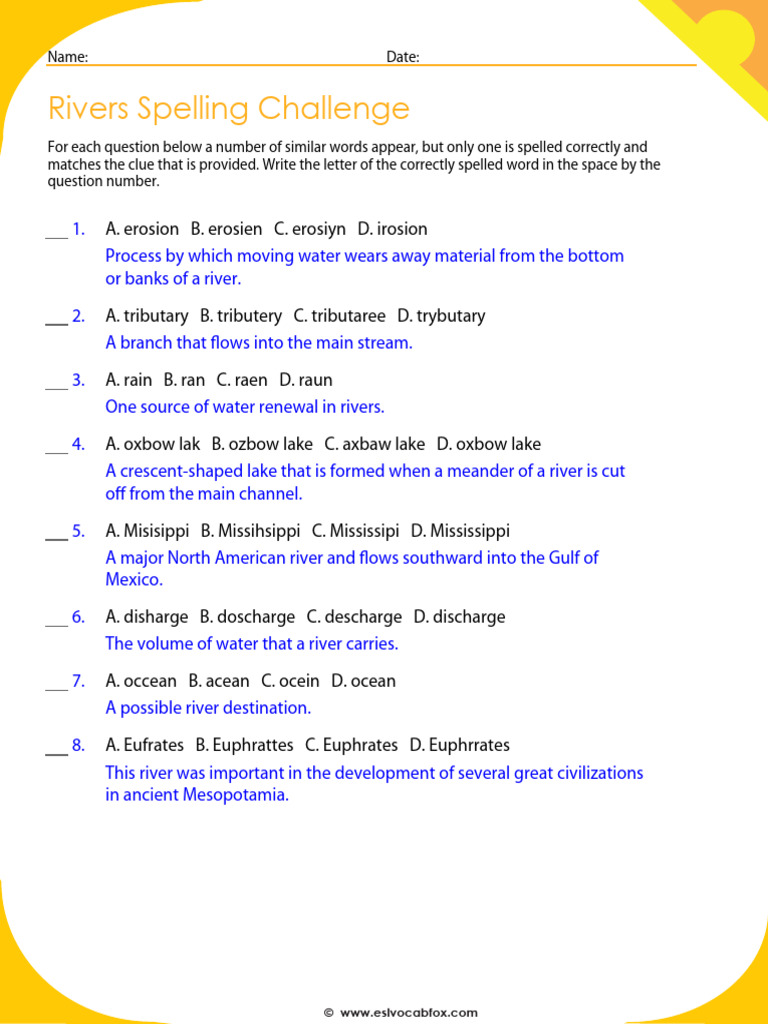 Rivers Spelling Challenge 1 | PDF | River | Erosion