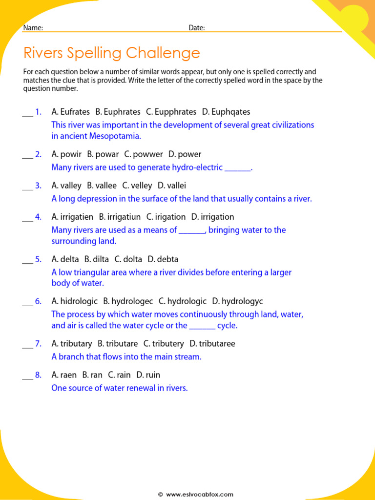 Rivers Spelling Challenge 4 | PDF | River | Hydrology