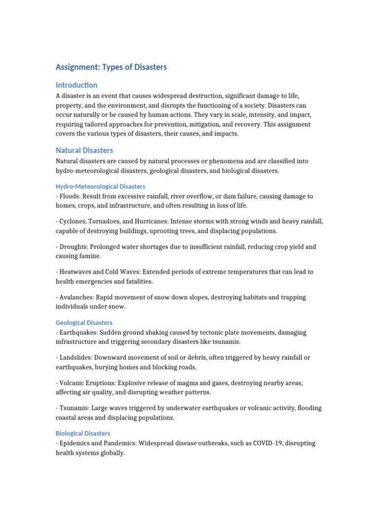 Types of Disasters Assignment | PDF | Natural Disasters | Flood