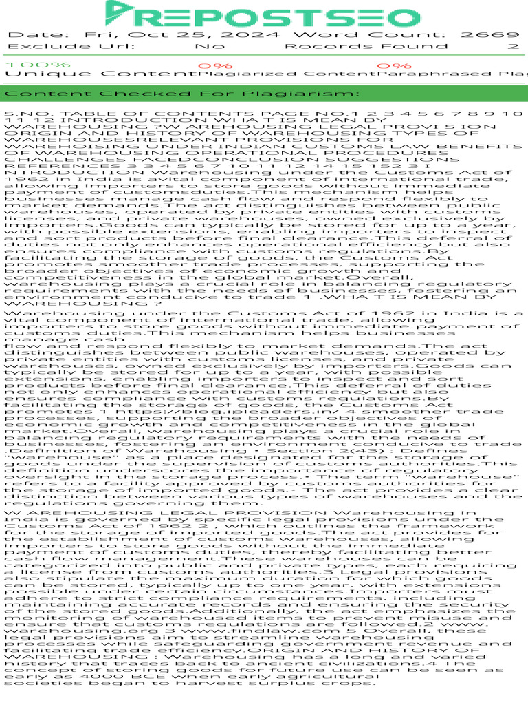 Export Mathi PLAGARISM REPORT | PDF | Warehouse | Regulatory Compliance