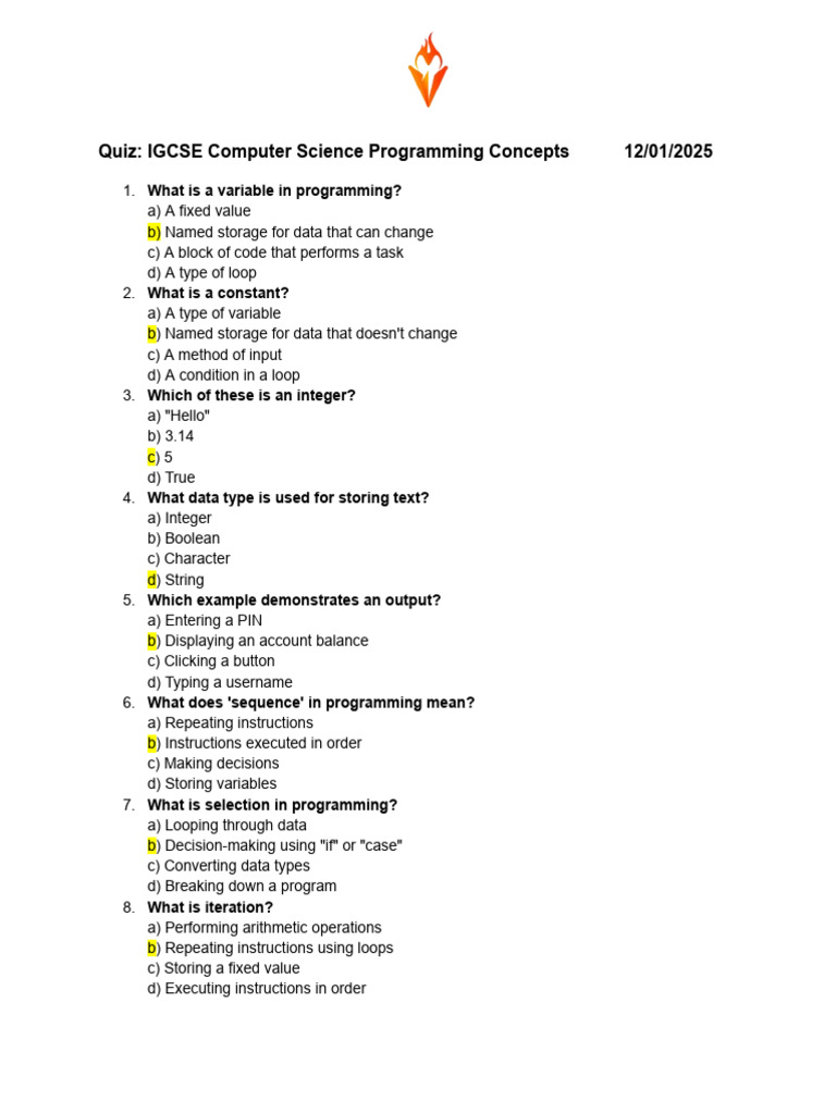 Quiz - IGCSE Computer Science Programming Concepts- 12 - 01 - 2025의 사본 ...