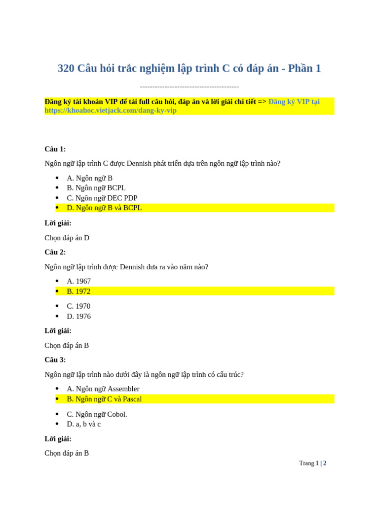 320 Cau Hoi Trac Nghiem Lap Trinh C Co Dap An Phan 1 - 2025 - 02 - 02 | PDF