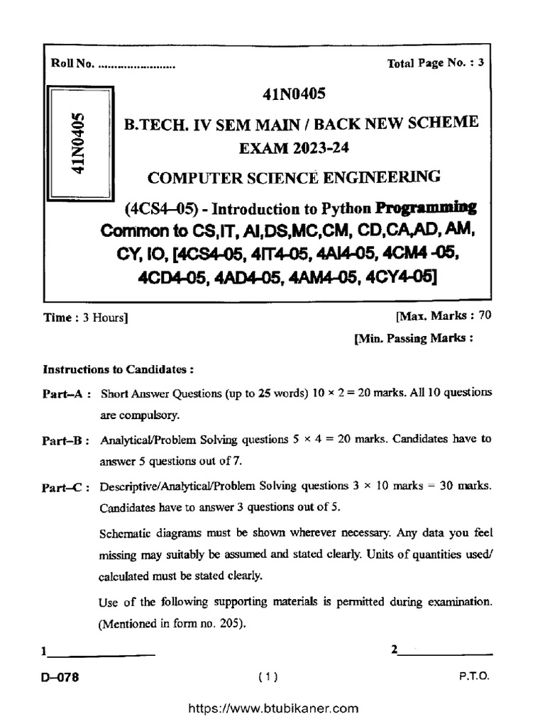 Btech Cs 4 Sem Introduction to Python Programming 41n0405 2024 | PDF Btech Cs 4 Sem Introduction to Python Programming 41n0405 2024 | PDF