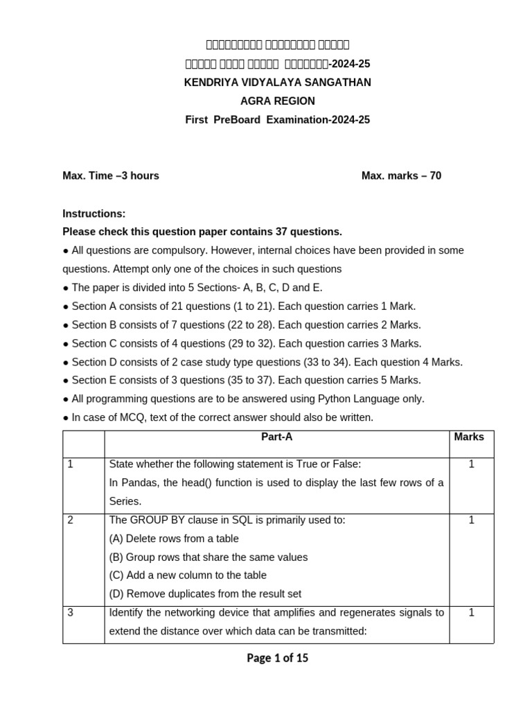 QP of IP - 1st Preboard 2024-25 - Set1 | PDF | Table (Database) | Sql