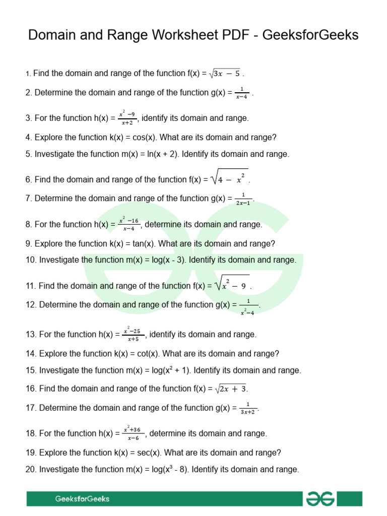 Domain and Range Worksheet PDF | PDF