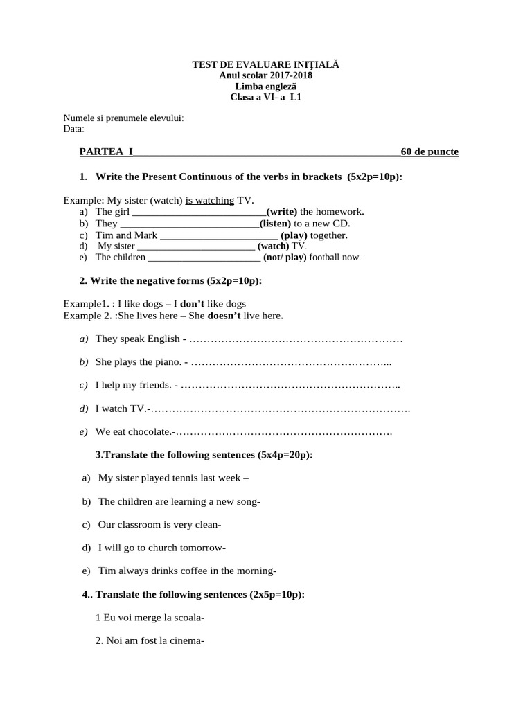 Initial Assessment Test for 6th Grade English | PDF