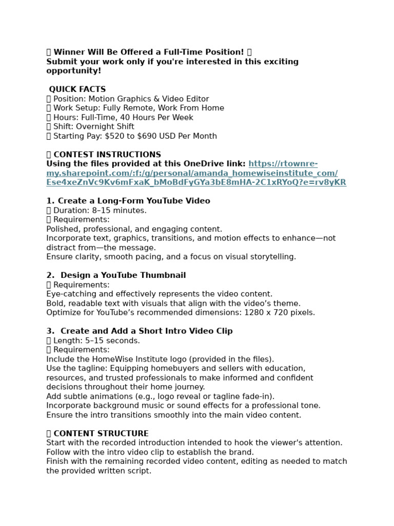 Contest For Motion Graphics & Video Editor Job Position | PDF | You ...