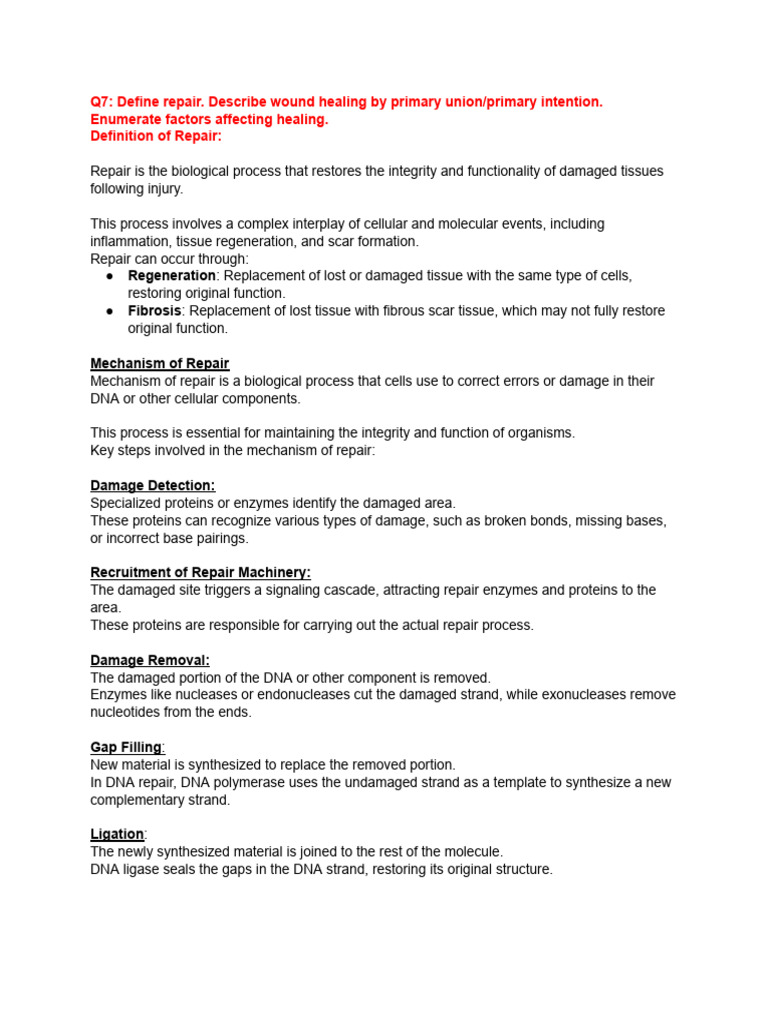 Q7 - Define Repair. Describe Wound Healing by Primary Union-Primary ...