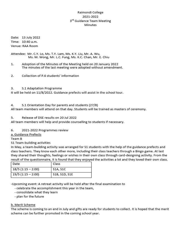 2021-2022 Guidance Team 3rd Meeting Minutes | PDF
