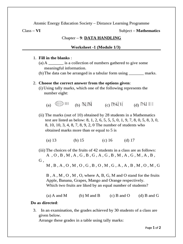 Vi Mat l09 m01 Data Handling Worksheet | PDF