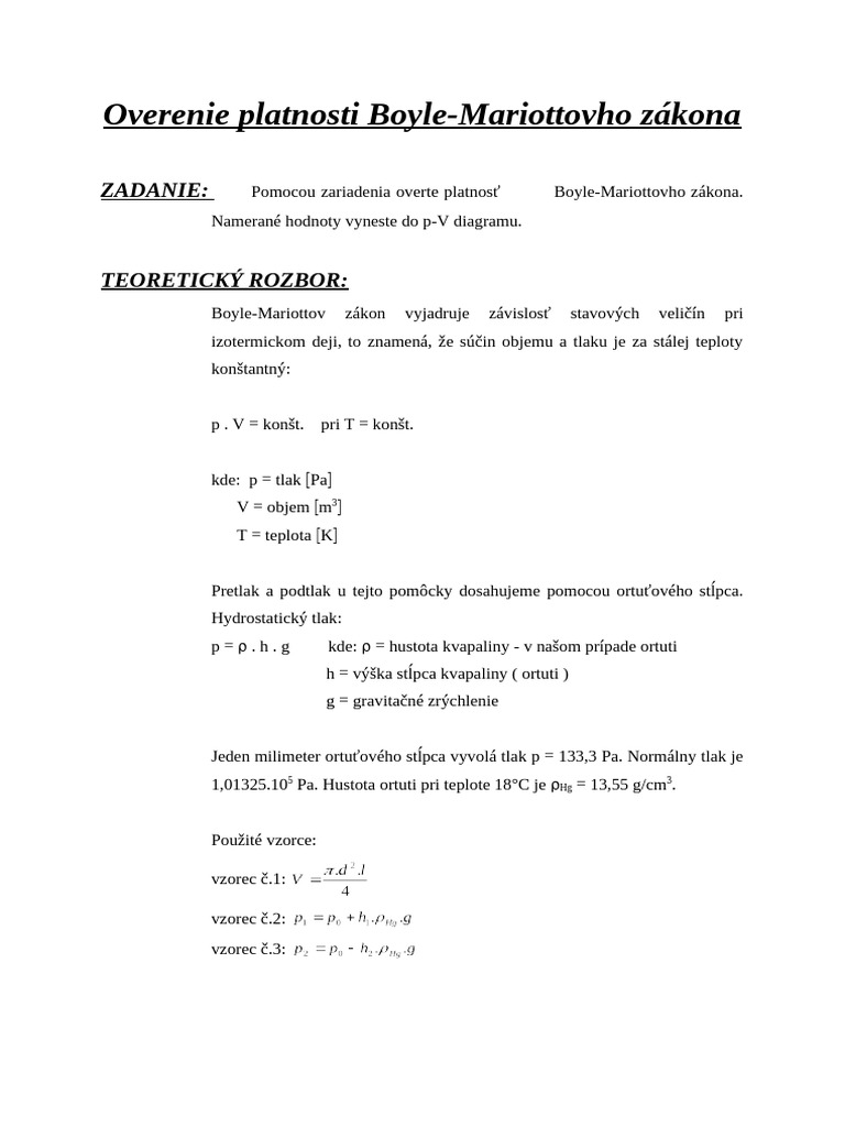 Overenie Platnosti Boyle-Mariottovho Zákona (Zadania-Seminarky - SK) | PDF