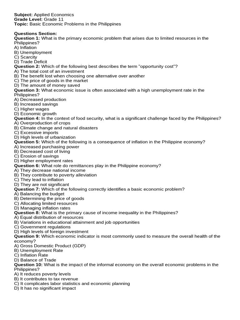 Quiz - Basic Economic Problems in The Philippines | PDF | Cost Of ...