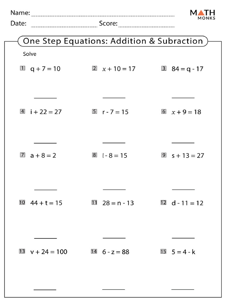 One Step Equations Addition and Subtraction Worksheet | PDF