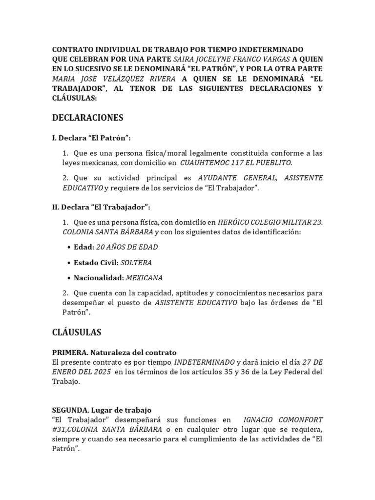 Contrato Individual de Trabajo. | PDF