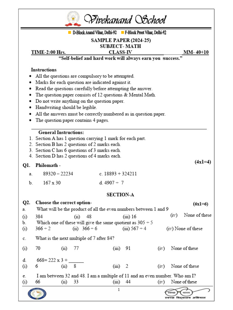 Class-4Math (SamplePaper) 24012025 121719 | PDF | Arithmetic | Mathematics
