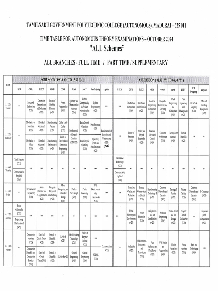 Theory Examination Time Table October-2024 | PDF
