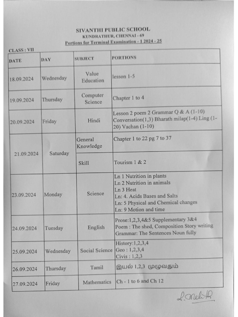 Class Vii Date Sheet For Terminal Examination-I | PDF