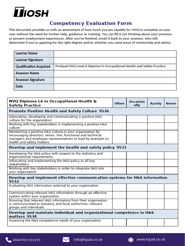NVQ Level 6 H&S Competency Form | PDF | Occupational Safety And Health ...