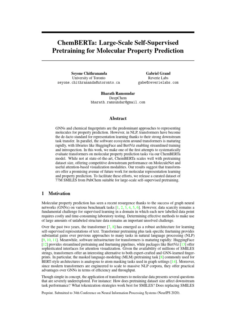 ChemBERTa: Self-Supervised Molecular Prediction | PDF | Computational ...