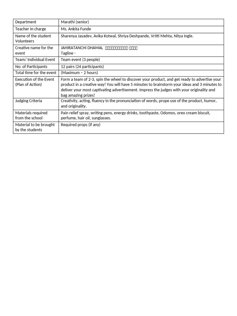 Marathi Ad Contest: Jahiratanchi Dhamal | PDF