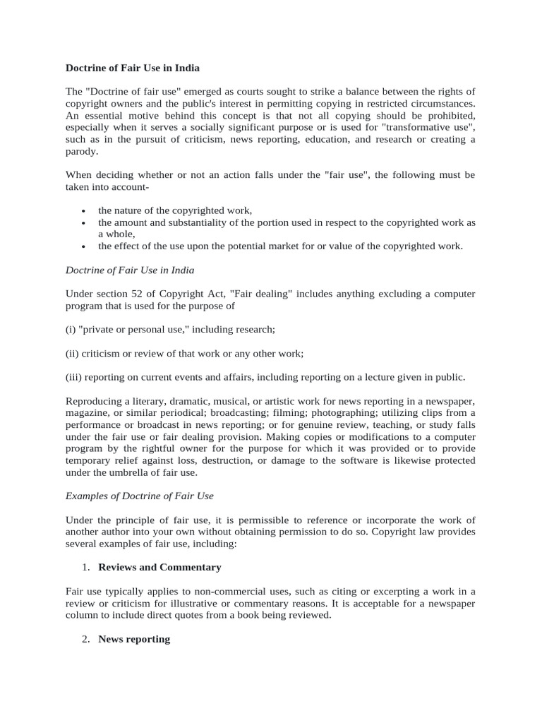 Doctrine of Fair Use in India | PDF | Fair Use | Fair Dealing