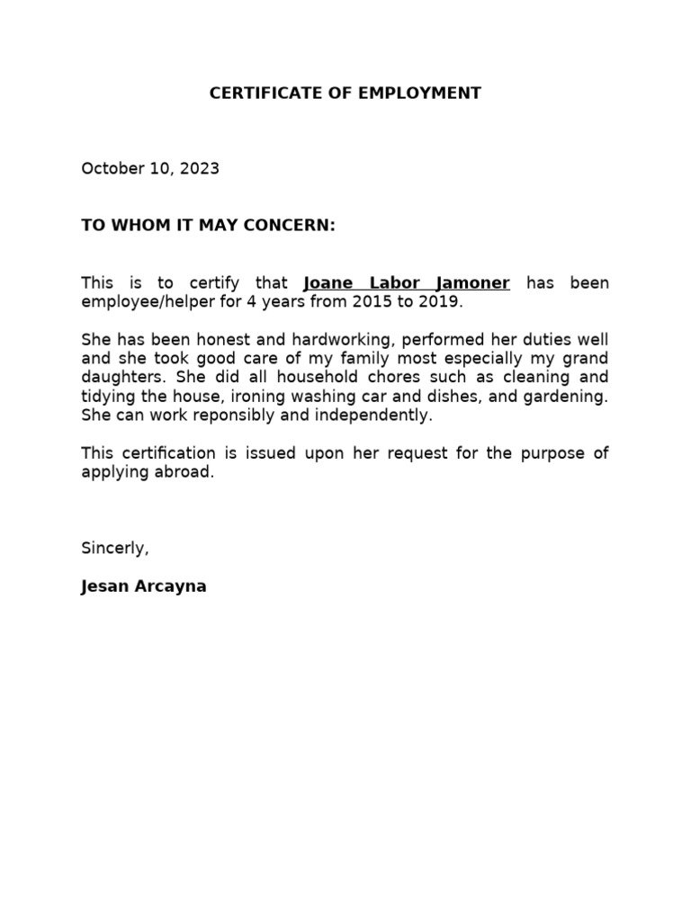 Employment Certificate for Joane Jamoner | PDF