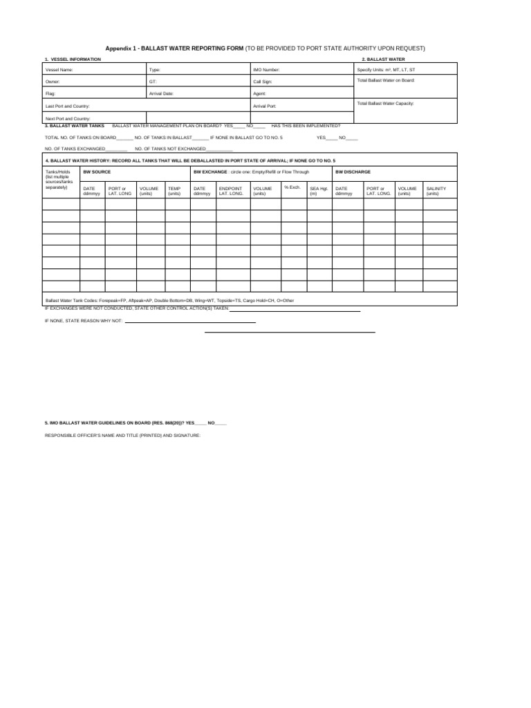 IMO Ballast Water Reporting Form | PDF