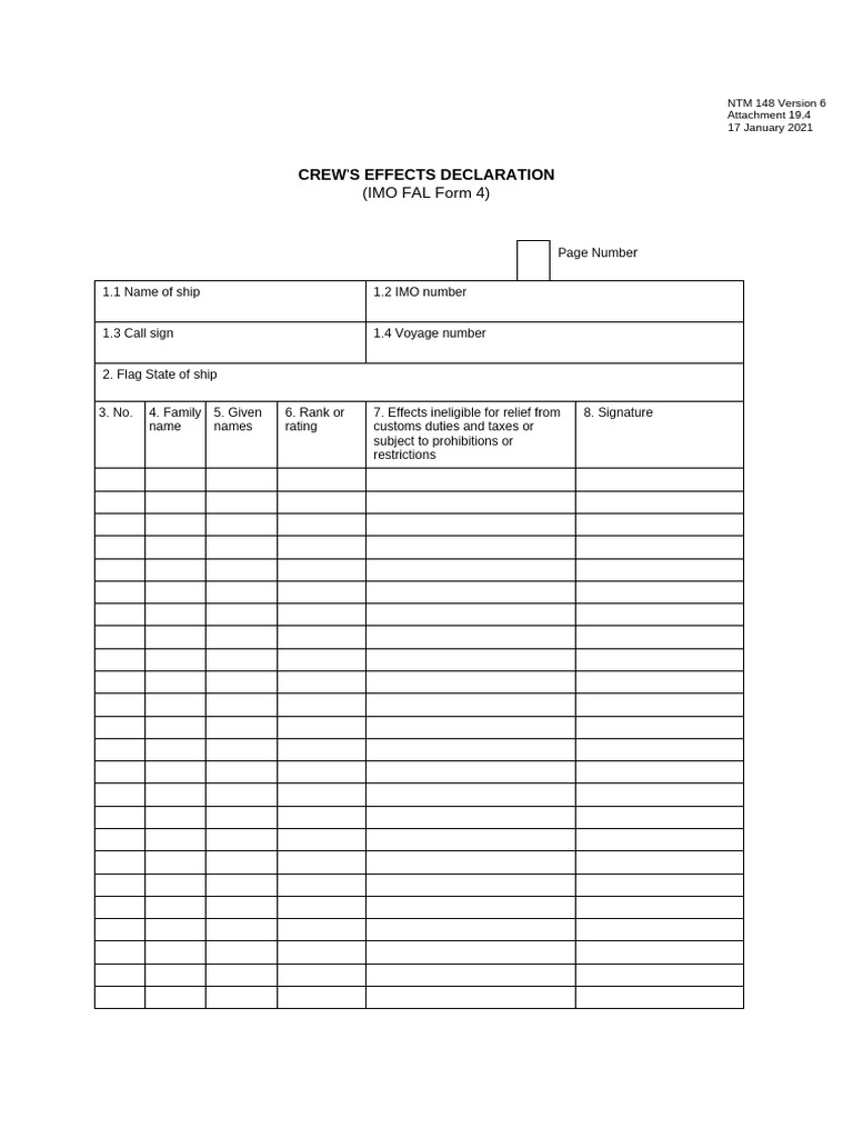 Attachment 19.4 Crew Effects Declaration FAL Form 4 | PDF