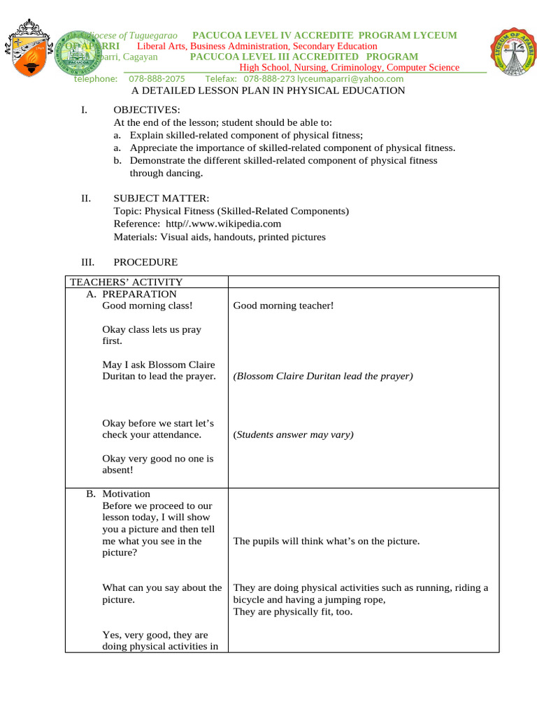 A Detailed Lesson Plan in Physical Education Dean Malana | PDF ...
